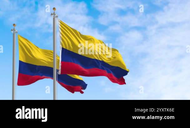 Colombia national flags waving in the wind on a clear day. Horizontal ...