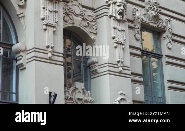 This close-up of a famous Art Nouveau building facade on Riga's Albert ...