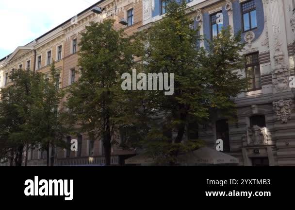 Riga, Latvia - August 29, 2021. Jugendstil style building facade ...