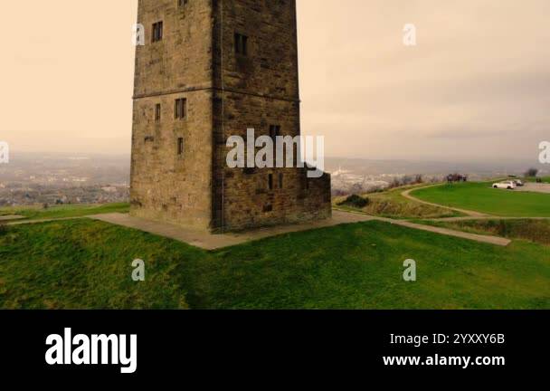 Castle Hill tower in Huddersfield wide panning drone aerial 4k shot ...