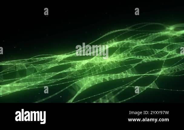 Abstract moving DNA wave with green dots and lines. Concept network ...