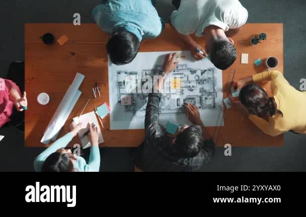 Top view of civil engineer writing and planning by using sticky notes ...