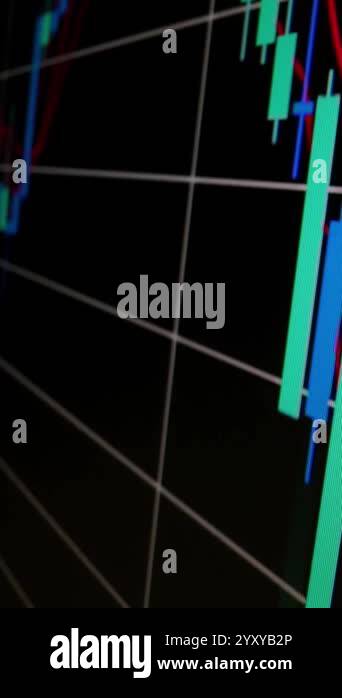 Closeup macro shot movement on LED screen, declining stock market graph ...
