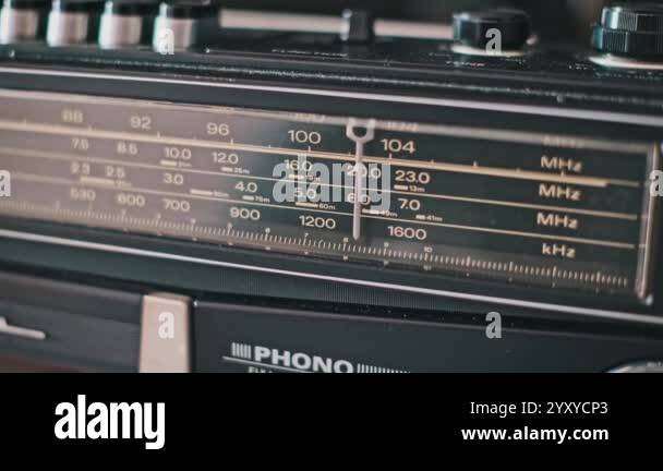 Detailed shot of the frequency display on a classic boombox radio ...