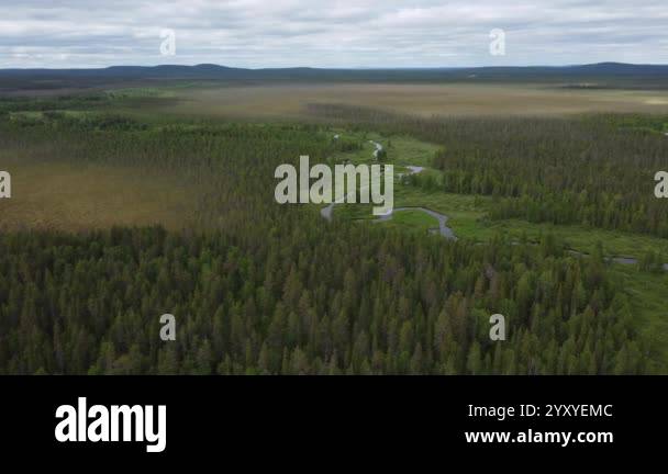 Flying sideways over forest and marsh wilderness landscape of Lapland ...