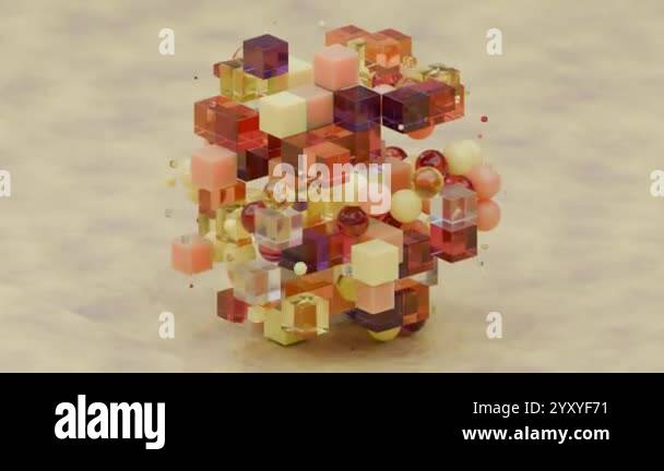 3D looped abstract animation of a cloud of spheres and cubes moving ...