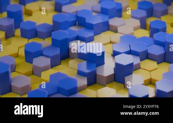 3D looped animation of hexagons moving vertically in a honeycomb pattern. Colors shift ...
