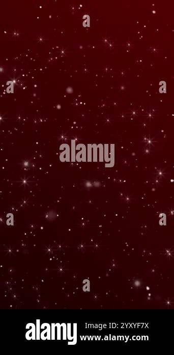 Shiny glittering red Christmas background with white twinkling stars and swirling snow particles ...