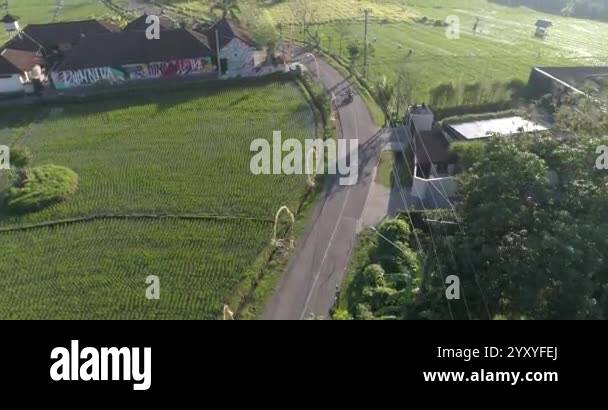 Aerial of an Inland Residential Area and Rice Fields in Bali, Indonesia ...