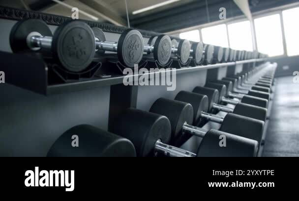 High-angle view of a gym featuring a neatly organized row of dumbbells ...