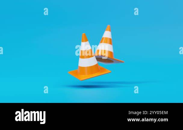 Floating pair of orange traffic cones on blue background. Safety ...