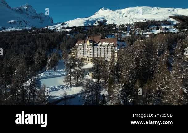 Aerial view over St. Moritz, Switzerland during winter with snow ...
