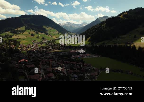 Gstaad village - popular mountain ski resort in Switzerland. Aerial ...