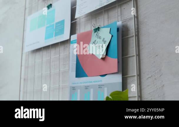 Close-up no people shot of wire mesh bulletin board with clipped ...