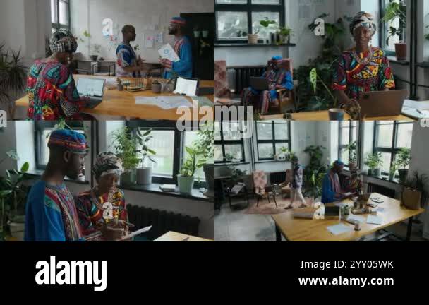 Split screen of colleagues in traditional African outfits working ...