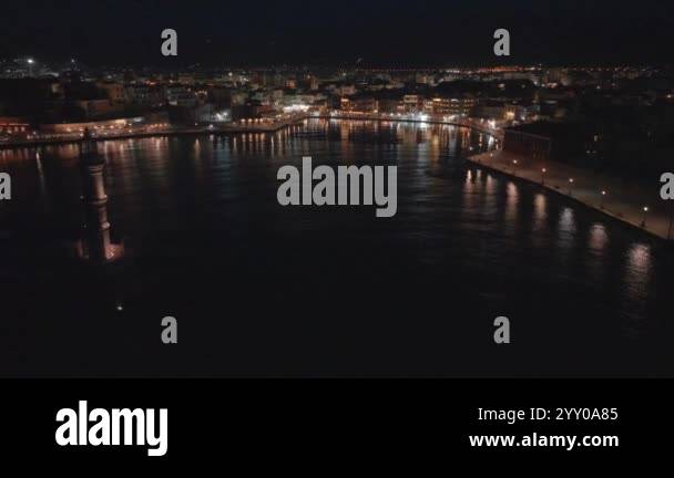 Chania town by night, Lighthouse, Drone shot, Crete, Greece, Aerial ...