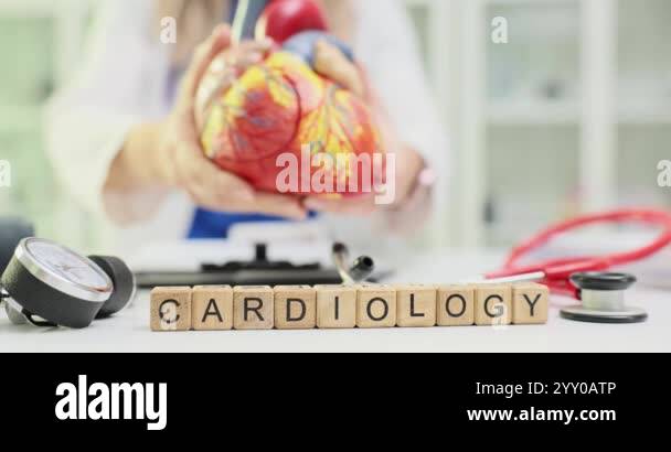 A detailed view of cardiology featuring a heart model and essential ...