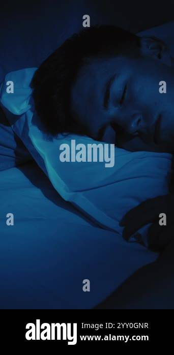 Vertical video. Night terror. Bad dream. Anxiety stress. Disturbed ...