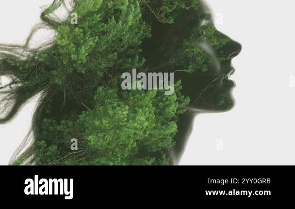 Creative portrait. Nature harmony. Double exposure profile silhouette ...