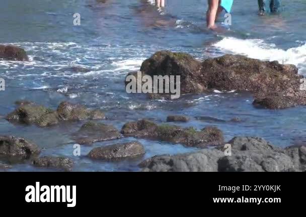 Waves gently rolling to a rocky beach, with people wading in the water Stock Video Footage - Alamy