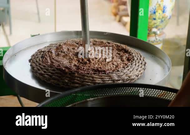 Specialist adds olive pulp to wicker plate for pressing on farm ...