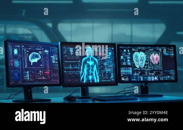 Doctor working at futuristic office, multiple monitors displaying ...