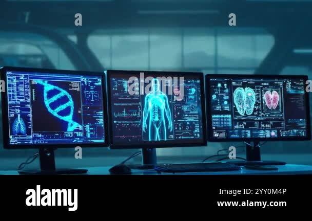 Doctor working at futuristic office, multiple monitors displaying ...