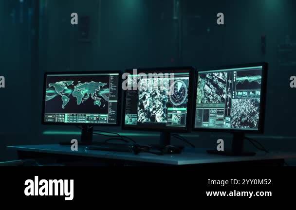 Dramatic scene of a soldier in a dimly lit military control room ...