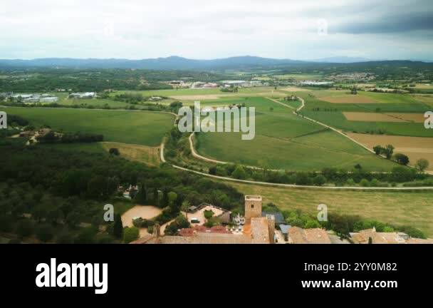 Castell d Emporda hotel with garden against farm fields bird eye view ...