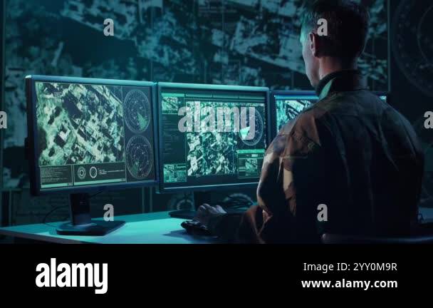 Dramatic scene of a soldier in a dimly lit military control room, intensely focused on multiple ...