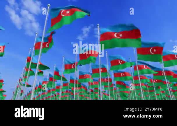 Azerbaijan national flags cloth fabric waving on the sky. Vibrant blue ...
