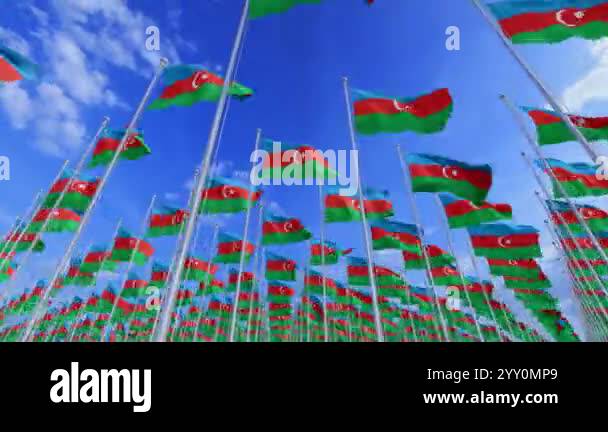 Azerbaijan national flags cloth fabric waving on the sky. Vibrant blue ...
