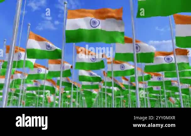 Waving Indian flags with vibrant saffron, white and green colors ...