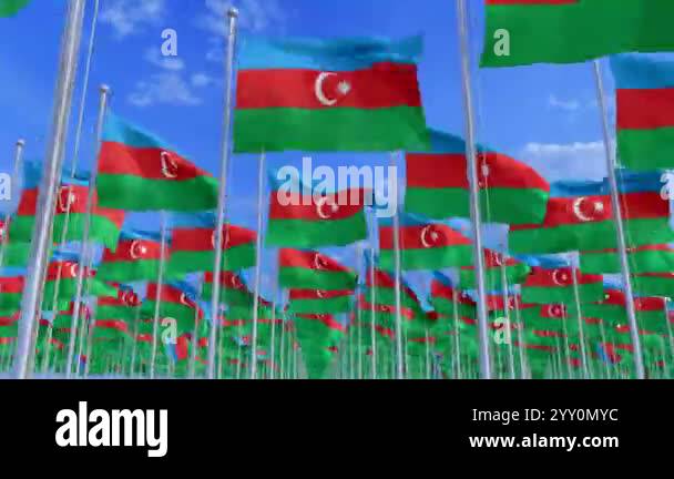 Azerbaijan national flags cloth fabric waving on the sky. Vibrant blue ...
