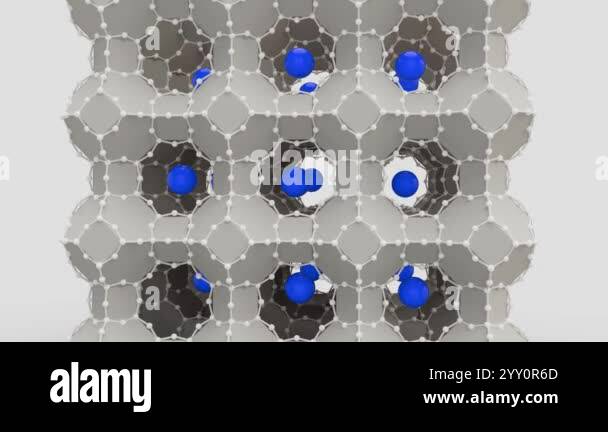 Animation showing zeolite ion exchange. Zeolites (grey) are hydrated ...
