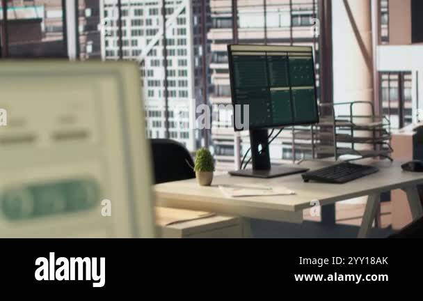 Empty high end workspace with advanced tech tools enhancing productivity, helping business ...