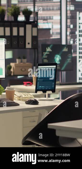 Vertical Video Empty corporate workspace equipped with advanced tools ...