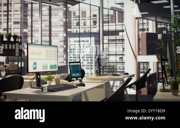 Empty modern workspace with advanced technology to enhance efficiency and productivity, helping ...