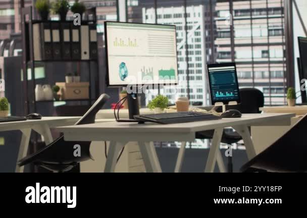 Empty business office with cubicles used in organizational activity efficiency, having advanced ...