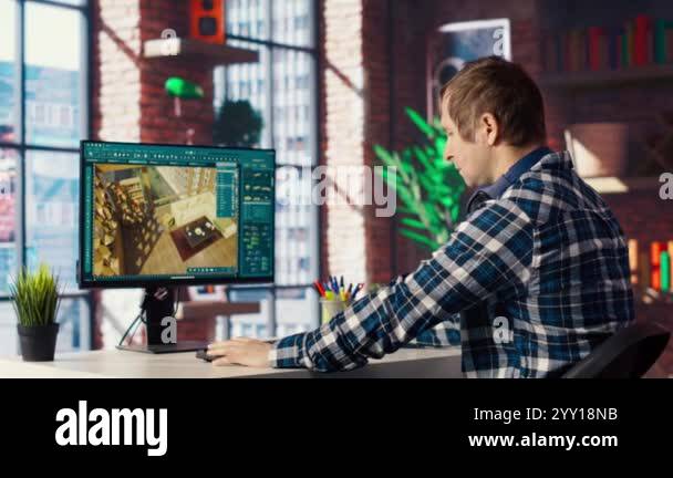 Architectural designer in home office moving assets in 3D modeling ...