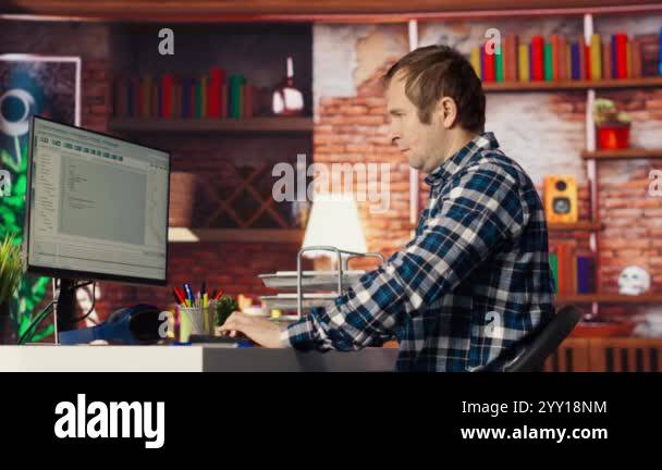 Coder At Workstation Programming On Pc Writing Lines Of Code Using Development Tools Feeling