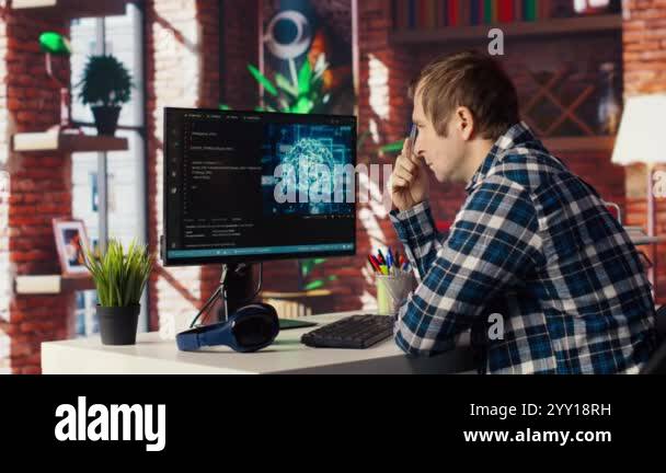 AI software developer at computer waiting for code to finish compiling, rubbing forehead with ...
