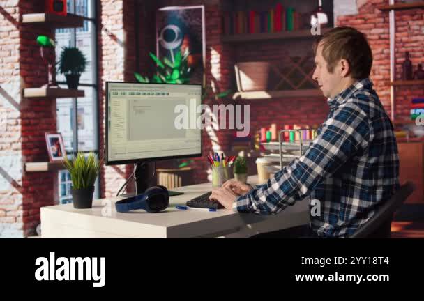 Coder At Workstation Programming On Pc Writing Lines Of Code Using Development Tools Feeling