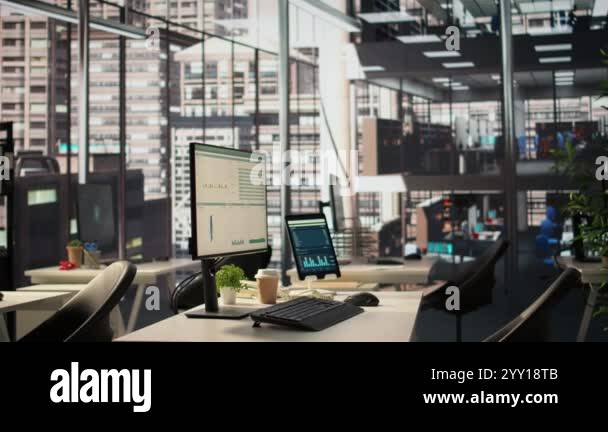 Empty business workplace equipped with modern tech tools to serve an ...