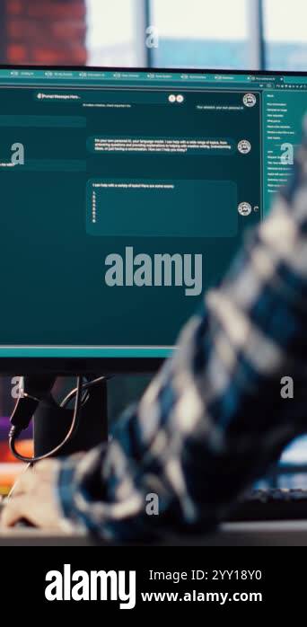 Man at home asking questions to AI LLM chatbot virtual assistant ...