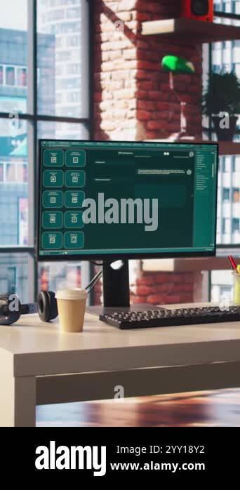 AI LLM chatbot software interface on PC in home office showing virtual assistant answering user ...