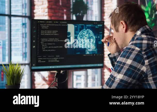 Admin Uses Computer For Artificial Intelligence Computing Simulation Waiting For Code To Finish 