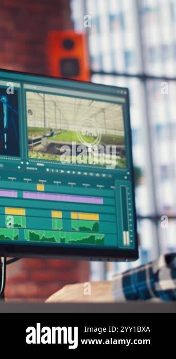 Video editor analyzing film montage, editing color grading and lighting ...