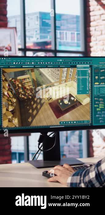 Architectural designer in home office moving assets in 3D modeling ...