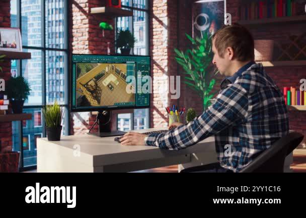 Man doing remote work on computer screen, moving assets in 3D modeling ...